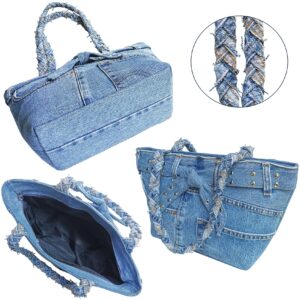 Upcycling Blue Denim Jeans Trapeze Bag Silver Stud Bow-Tied Braided Strap Top-Handle Handbag Purse for Women