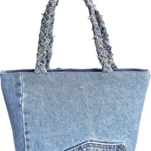 Upcycling Blue Denim Jeans Trapeze Bag Silver Stud Bow-Tied Braided Strap Top-Handle Handbag Purse for Women