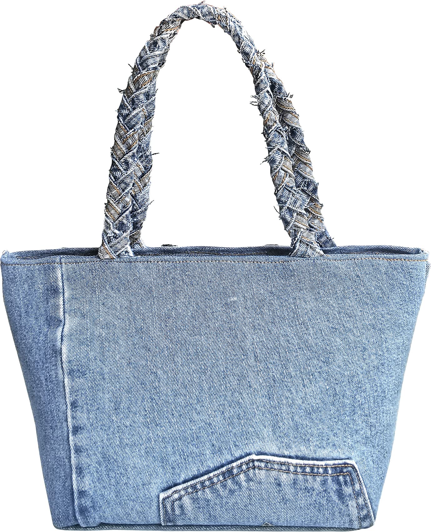 Upcycling Blue Denim Jeans Trapeze Bag Silver Stud Bow-Tied Braided Strap Top-Handle Handbag Purse for Women