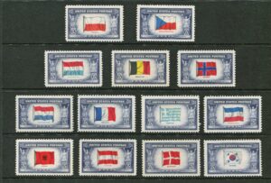 usa 1943-44 overrun countries issue set of 13 postage stamps, catalog no 909-21