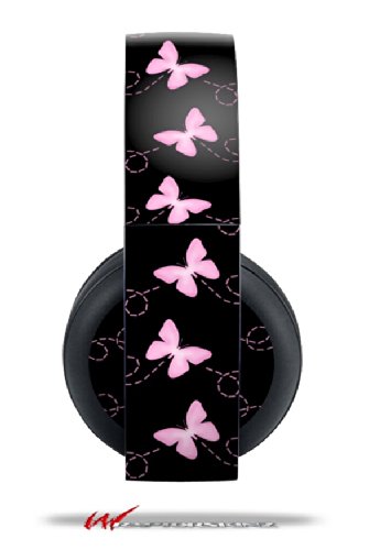 Pastel Butterflies Pink on Black - Decal Style Vinyl Skin fits Original Sony PS4 Gold Wireless Headphones (HEADPHONES NOT INCLUDED)