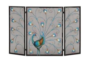 deco 79 metal peacock fireplace screen rainbow 3 panel with crystal accents and black frame, 48" x 1" x 32", blue