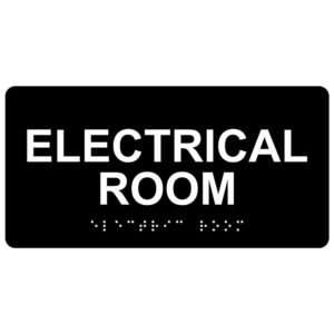 compliancesigns.com electrical room sign, ada-compliant braille and raised letters, 8x4 in. white on black acrylic with adhesive mounting strips