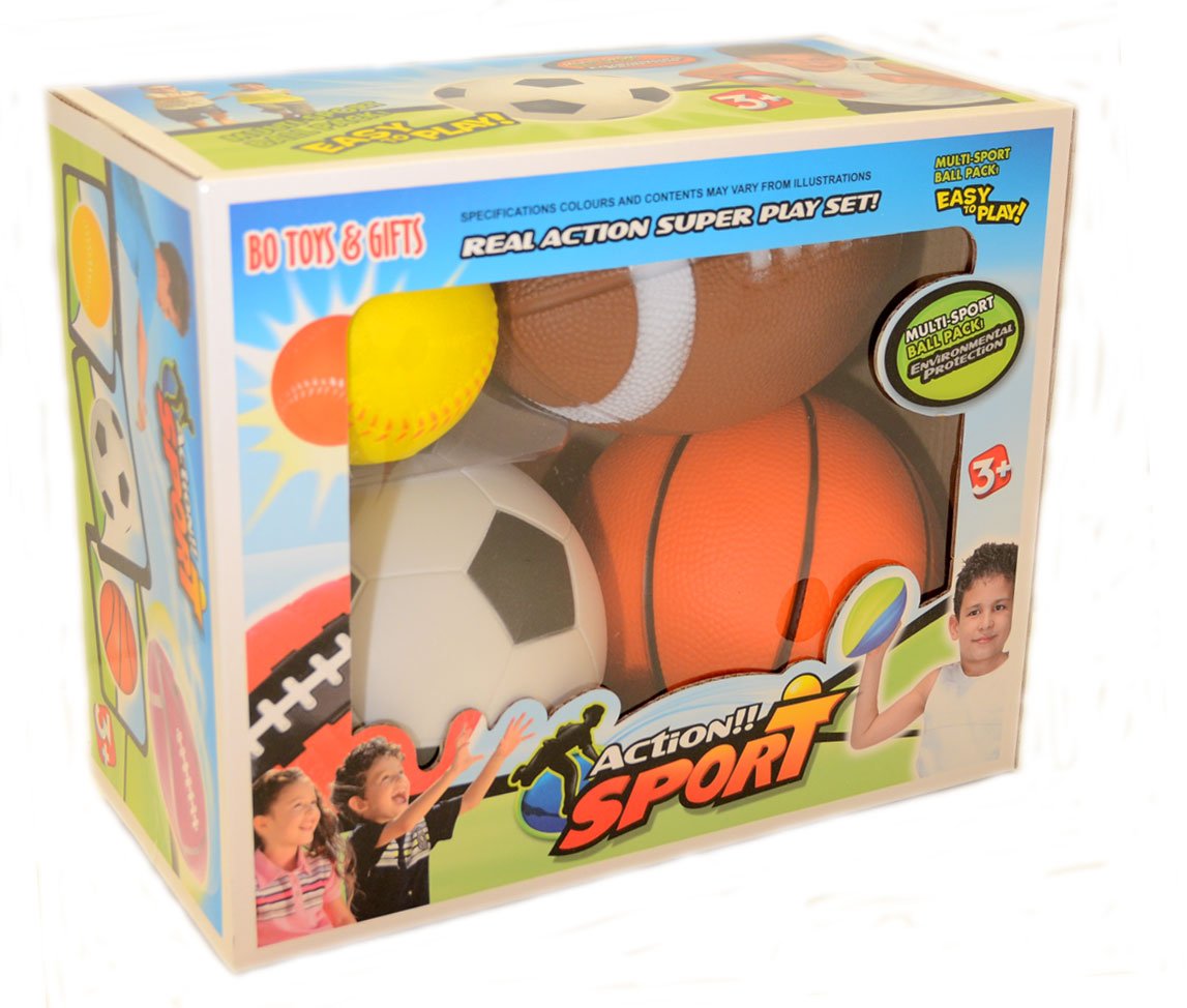 Set of 4 Sports Balls for Kids (Soccer Ball, Basketball, Football, Tennis Ball) By Bo Toys