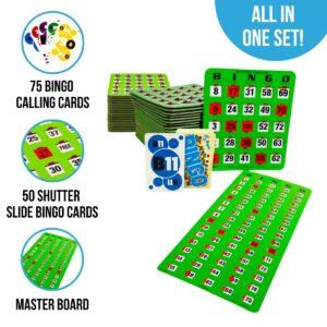 Regal Bingo Bingo Game Set for Adults and Kids - 25 Bingo Cards with Sliding Windows, Reusable & Large Bingo Cards, 1 Master Board - Fun Family Bingo Game Night - No Chips & Daubers Needed - Green