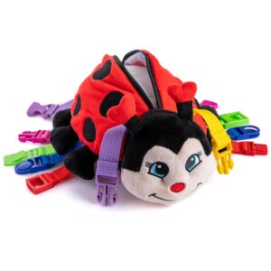 buckle toys - becky ladybug stuffed animal - montessori learning activity - develop motor skills and problem solving - sensory toddler travel toy