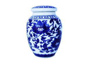 decorative blue and white lotus pattern porcelain storage container or display unit. small