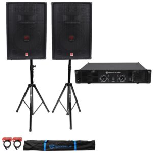 (2) rockville rsg15.4 15" pa speakers + rockville rpa9 amp + stands+cables+case