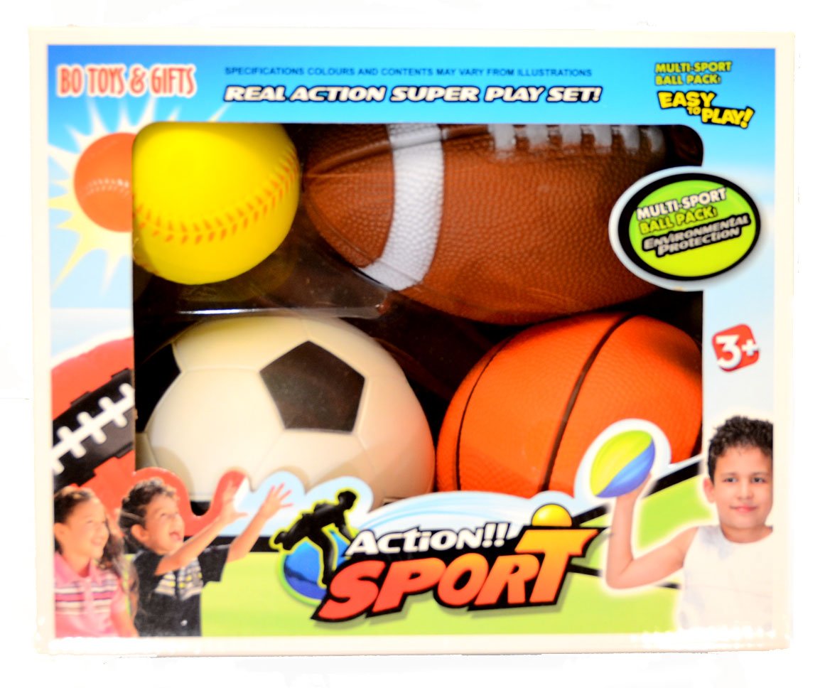 Set of 4 Sports Balls for Kids (Soccer Ball, Basketball, Football, Tennis Ball) By Bo Toys