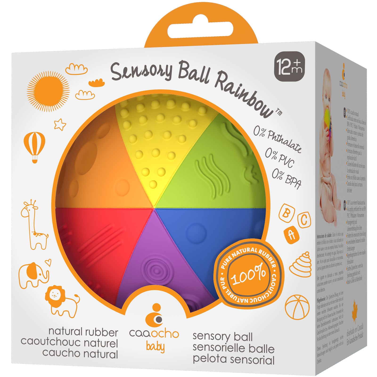 caaocho Pure Natural Rubber Sensory Ball Rainbow 4" - BPA Free Baby Ball Toy, for Sensory Play, Perfect Bouncer, Gentle Squeaking