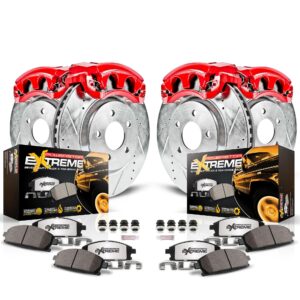 power stop kc1944a-36 front and rear z36 truck and tow brake pads with drilled and slotted rotors kit with calipers for ford f150 lincoln mark lt 4wd 4x4