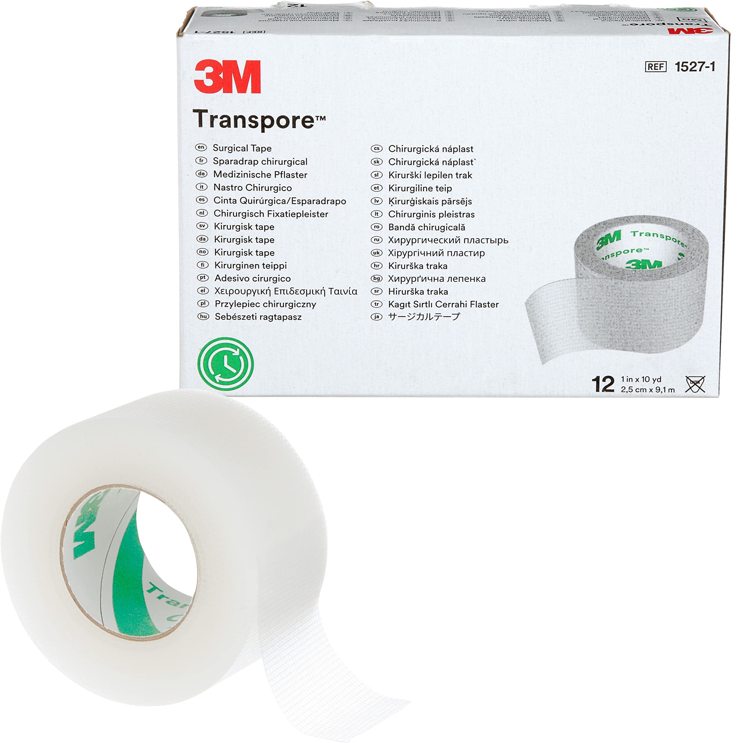 3M™ Transpore™ Surgical Tape, 1527-1, 1 in x 10 yd (2.5 cm x 9.1 m), 12 Roll/Carton