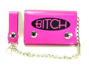 bitch print punk fetish tri-fold bikers wallet with 16" chain (pink)