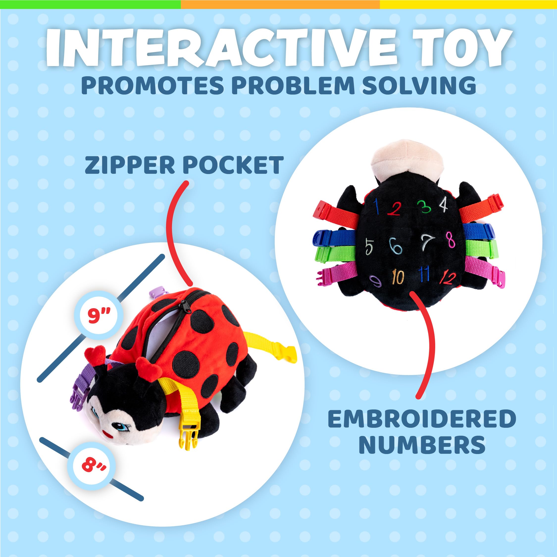 Buckle Toys - Becky Ladybug Stuffed Animal - Montessori Learning Activity - Develop Motor Skills and Problem Solving - Sensory Toddler Travel Toy