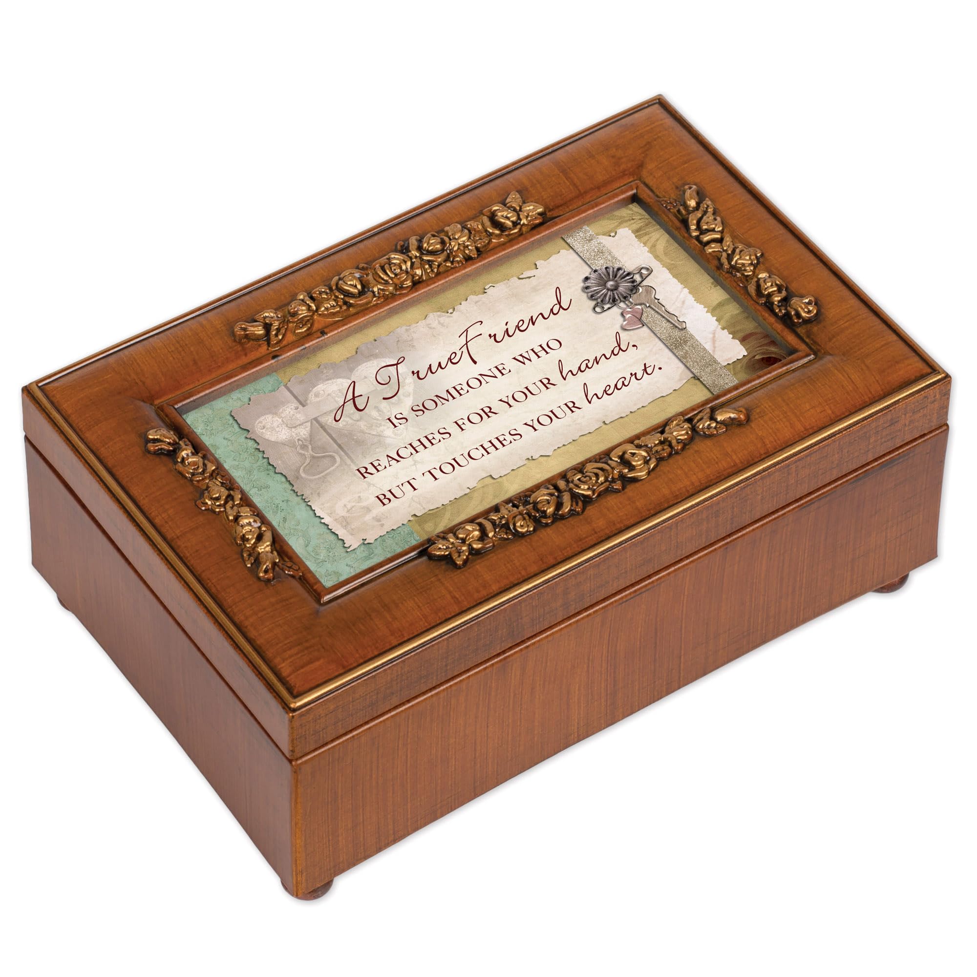 Cottage Garden True Friend Reaches Hand Touches Woodgrain Embossed Rose Petite Music Box Plays That's What Friends are for