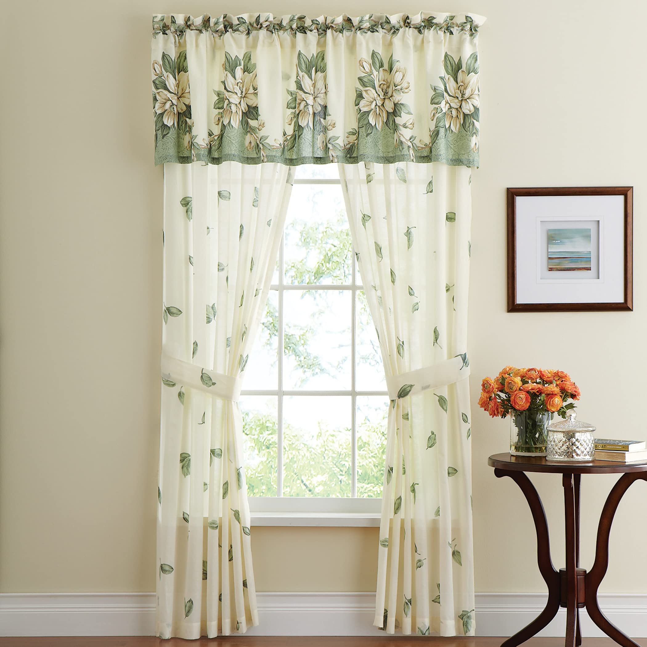 Collections Etc Magnolia Garden Floral Leaf Rod Pocket Window Curtains - Country Cottage Chic Design, Sage, Panel Pair