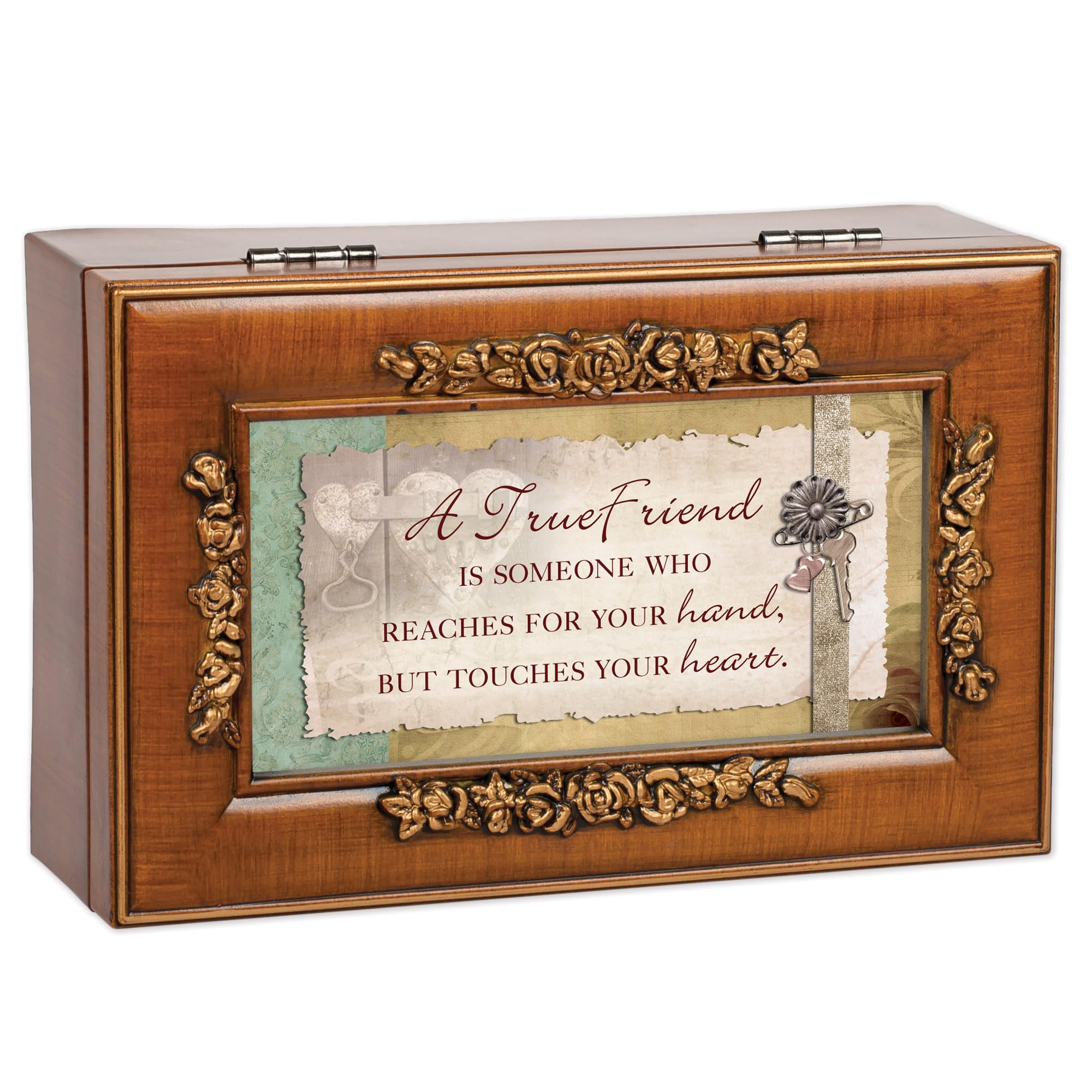 Cottage Garden True Friend Reaches Hand Touches Woodgrain Embossed Rose Petite Music Box Plays That's What Friends are for