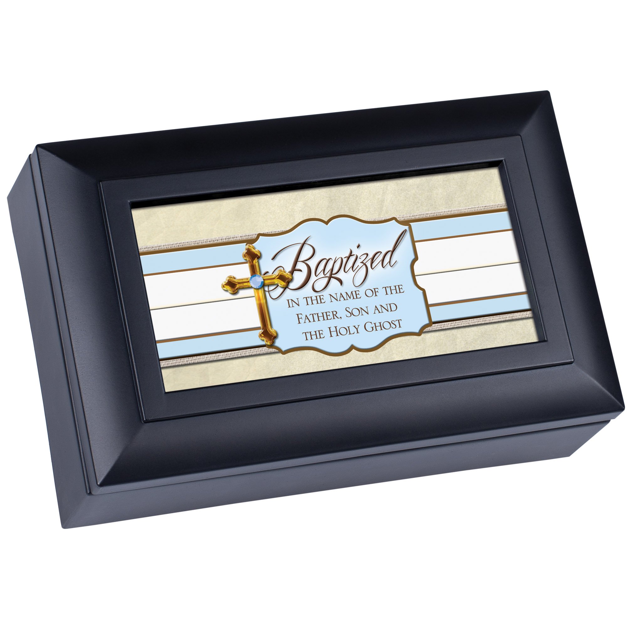 Cottage Garden Baptized in Name of Father Son Matte Black Jewelry Music Box Plays Amazing Grace