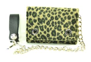 fuzzy leopard tri-fold bikers wallet with 16" chain green