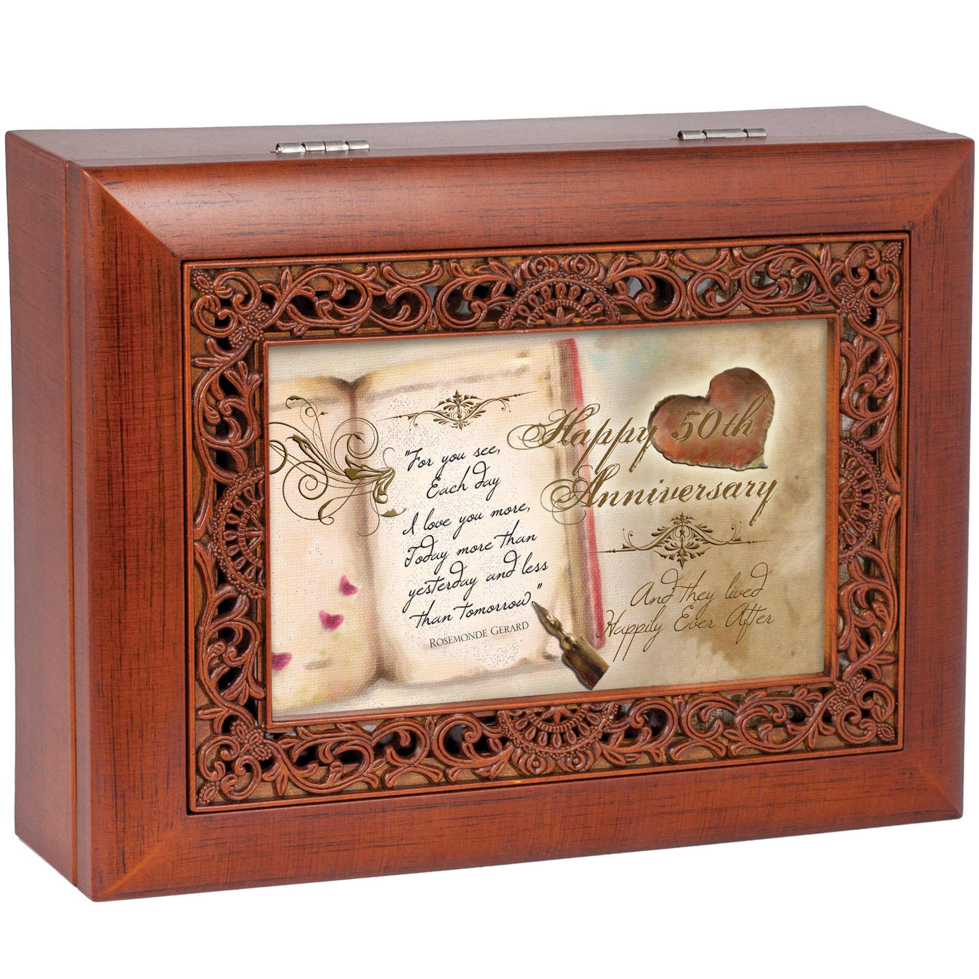 Cottage Garden Happy 50th Anniversary Woodgrain Inlay Jewelry Music Box Plays You Light Up My Life