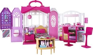 barbie doll house, glam getaway portable house playset with carry handle & 20+ accessories including furniture & décor