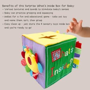 Genius Baby Toys Surprise Box for Baby - What's Inside Box with 8 Sensory Toys for Baby, 7" Square Cube - Deluxe, Perfect Size for Small Hands