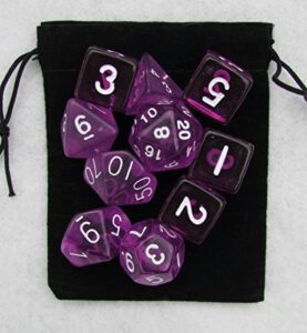 translucent purple rpg d&d dice set: 7 + 3d6 = 10 polyhedral die plus bag!