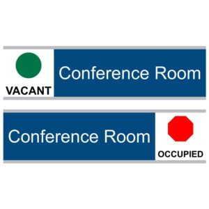 compliancesigns.com conference room (vacant/occupied) sliding engraved sign for wayfinding, 8x3 in. white on blue plastic in silver bracket