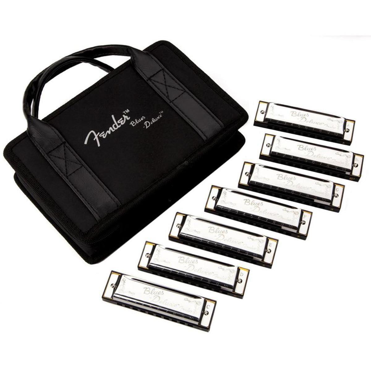 Fender Blues Deluxe Harmonica, Stocking Stuffers, Guitar Accessories, Pack of 7 with case (Keys C, G, A, D, F, E, B Flat)