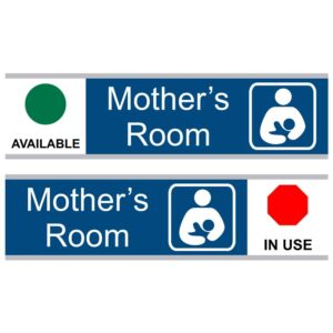 compliancesigns.com mother's room (available/in use) sliding sign, 8x3 in. engraved plastic, white on blue