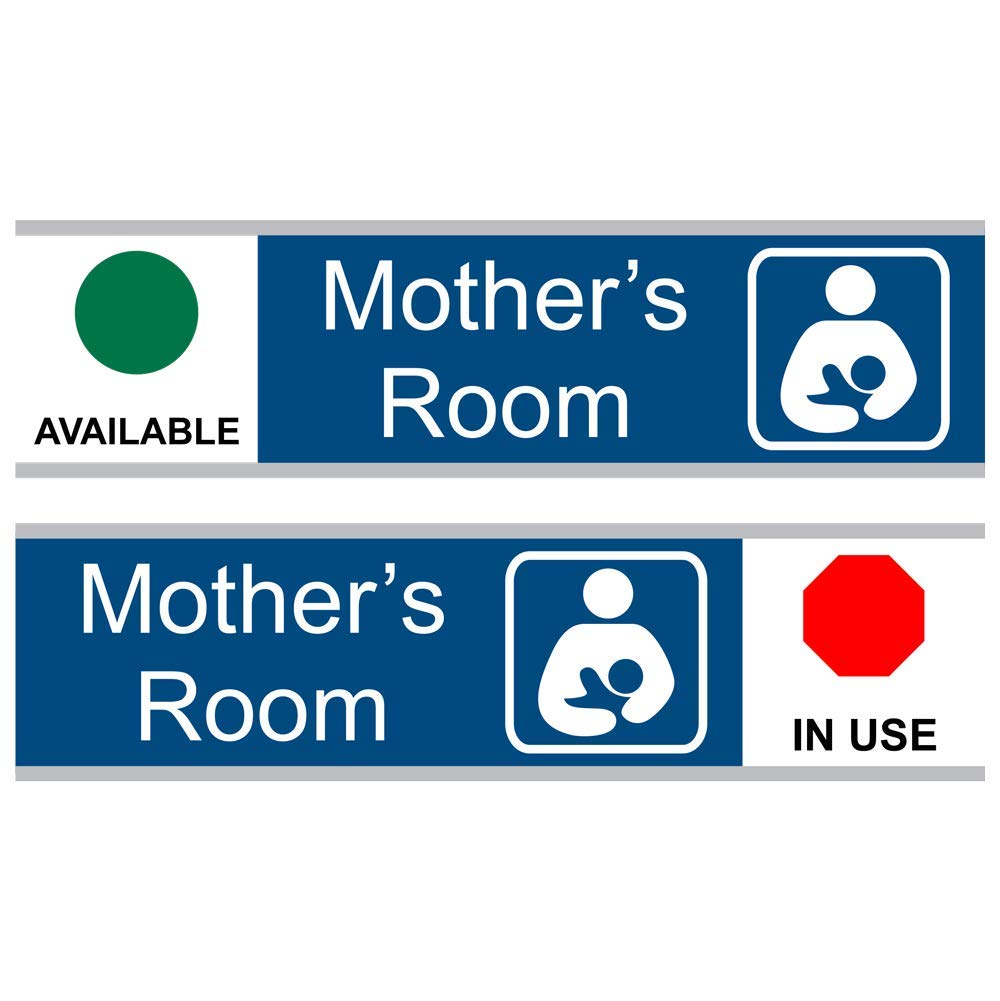 ComplianceSigns.com Mother's Room (Available/in Use) Sliding Sign, 8x3 in. Engraved Plastic, White on Blue