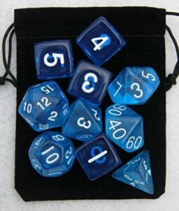 translucent blue rpg d&d dice set: 7 + 3d6 = 10 polyhedral die plus bag!