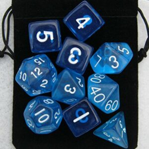 Translucent Blue RPG D&D Dice Set: 7 + 3d6 = 10 polyhedral die plus bag!