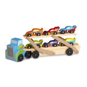 melissa & doug mega race-car carrier - wooden tractor and trailer with 6 unique race cars