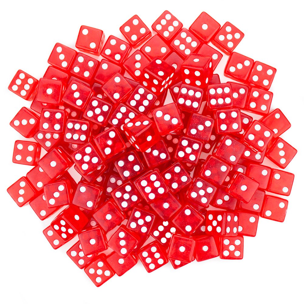 Brybelly 50 or 100 Pack of Bulk Six Sided Dice|D6 Standard 16mm|Great for Board Games, Casino Games & Tabletop RPGs| Red- 100 Count