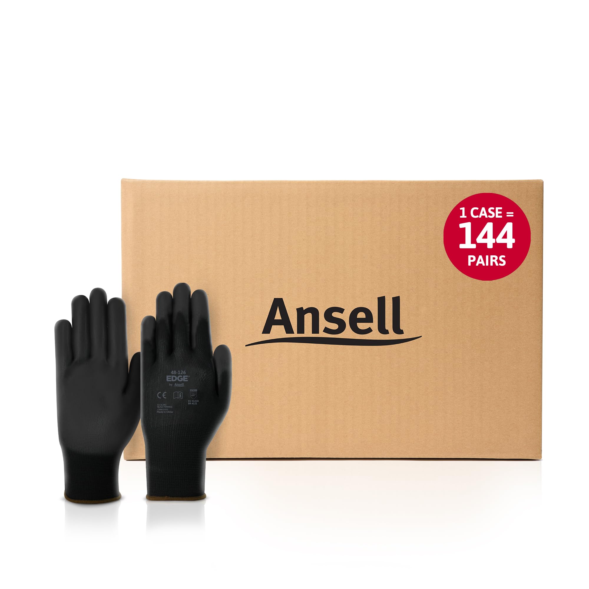 Ansell EDGE 48-126 Abrasion-Resistant Polyester Nitrile Industrial Gloves w/Knitted Liner for Auto, Machinery - Medium (8), Black (144 Pairs)