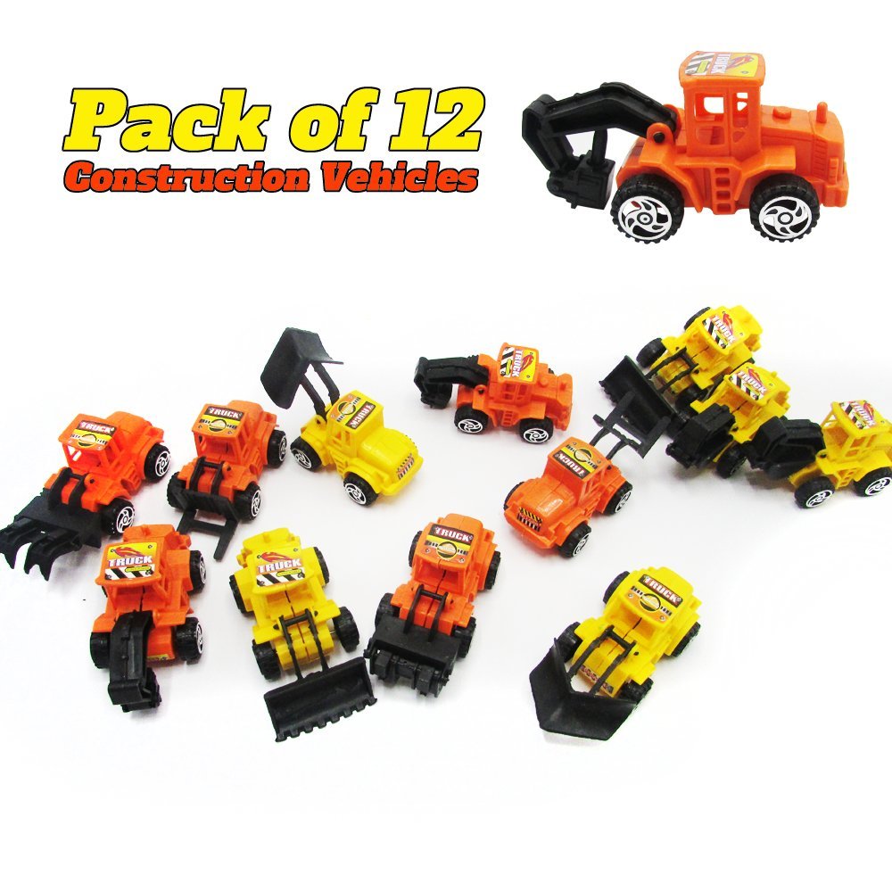 12 Pack Construction Vehicles Pull Back Style -Play Vehicles - Push and Play Engineering Trucks - Assorted Construction Designs