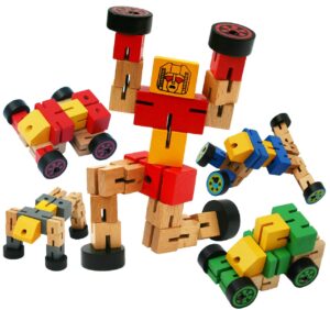 towo wooden transforming vehicle robot - transfigures toys for travel toys - construction toys building set - wooden transforming toys 3 year old boys girls holiday -stocking fillers stuffers -red