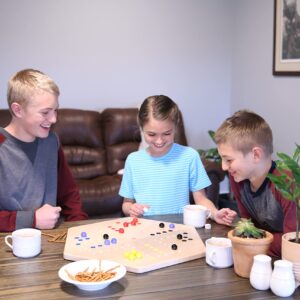 AmishToyBox.com Wahoo Marble Game Board Set - 16" Wide - Solid Oak Wood - Double-Sided - with 16mm Marbles and Dice Included