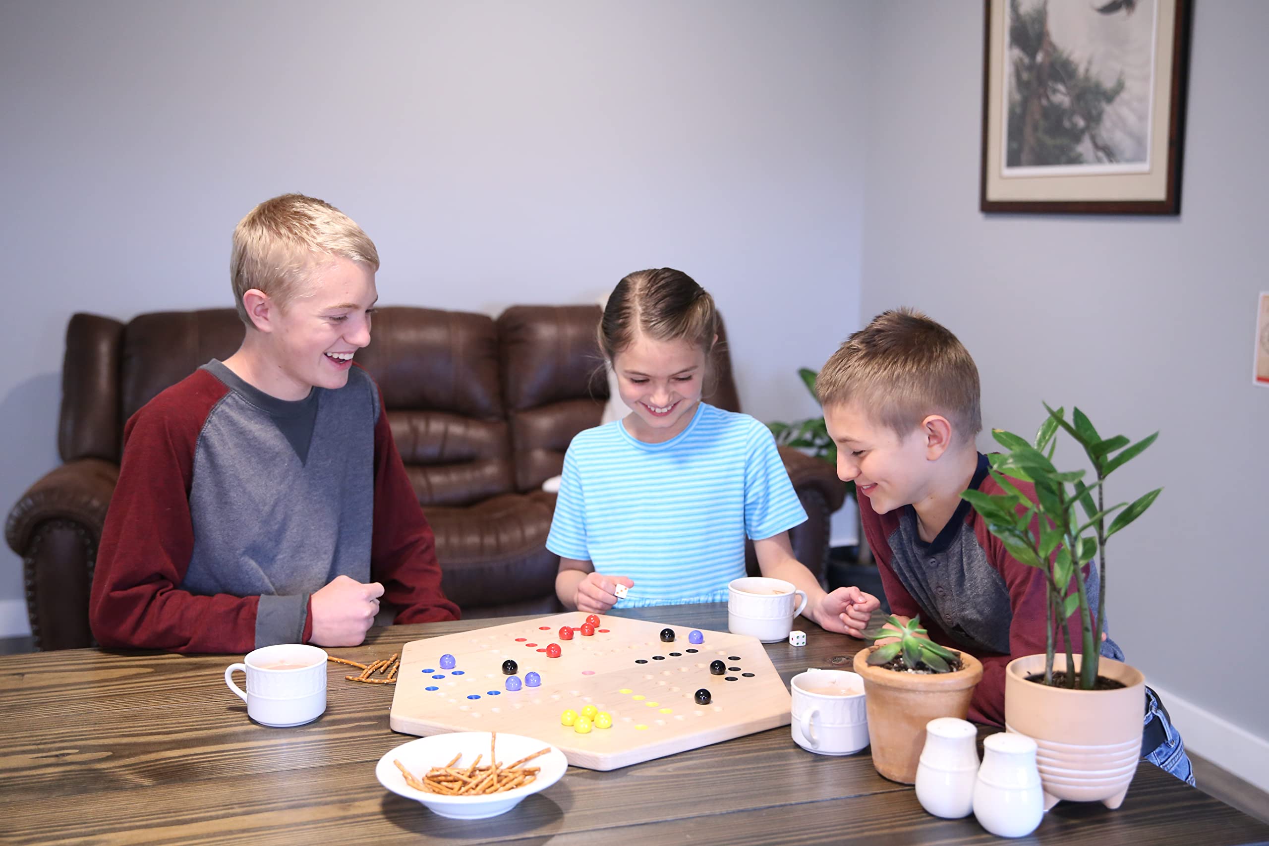 AmishToyBox.com Wahoo Marble Game Board Set - 16" Wide - Solid Oak Wood - Double-Sided - with 16mm Marbles and Dice Included