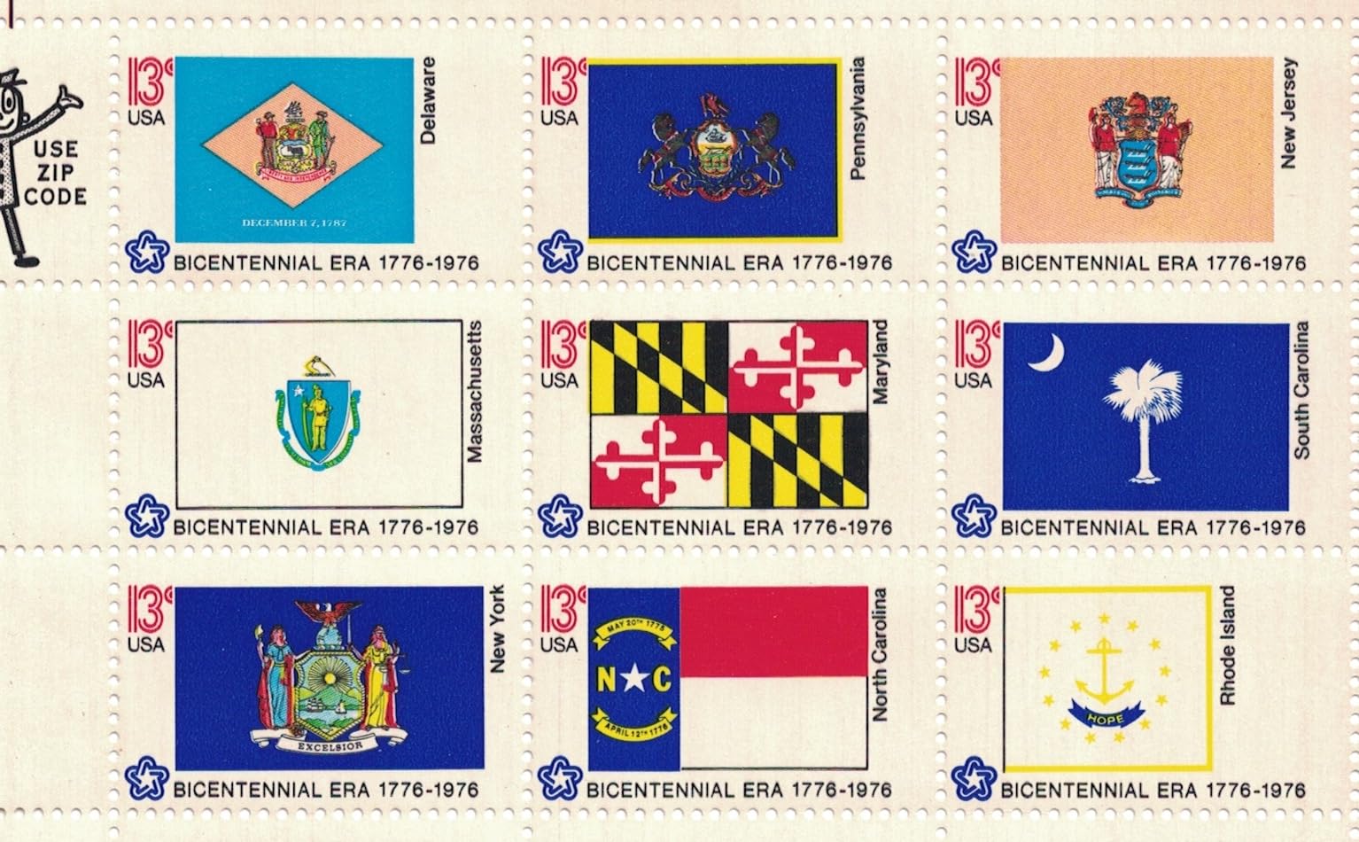 USPS 1976 State Flags - Full Sheet of 50 x 13 Cent Stamps - Scott 1633-82