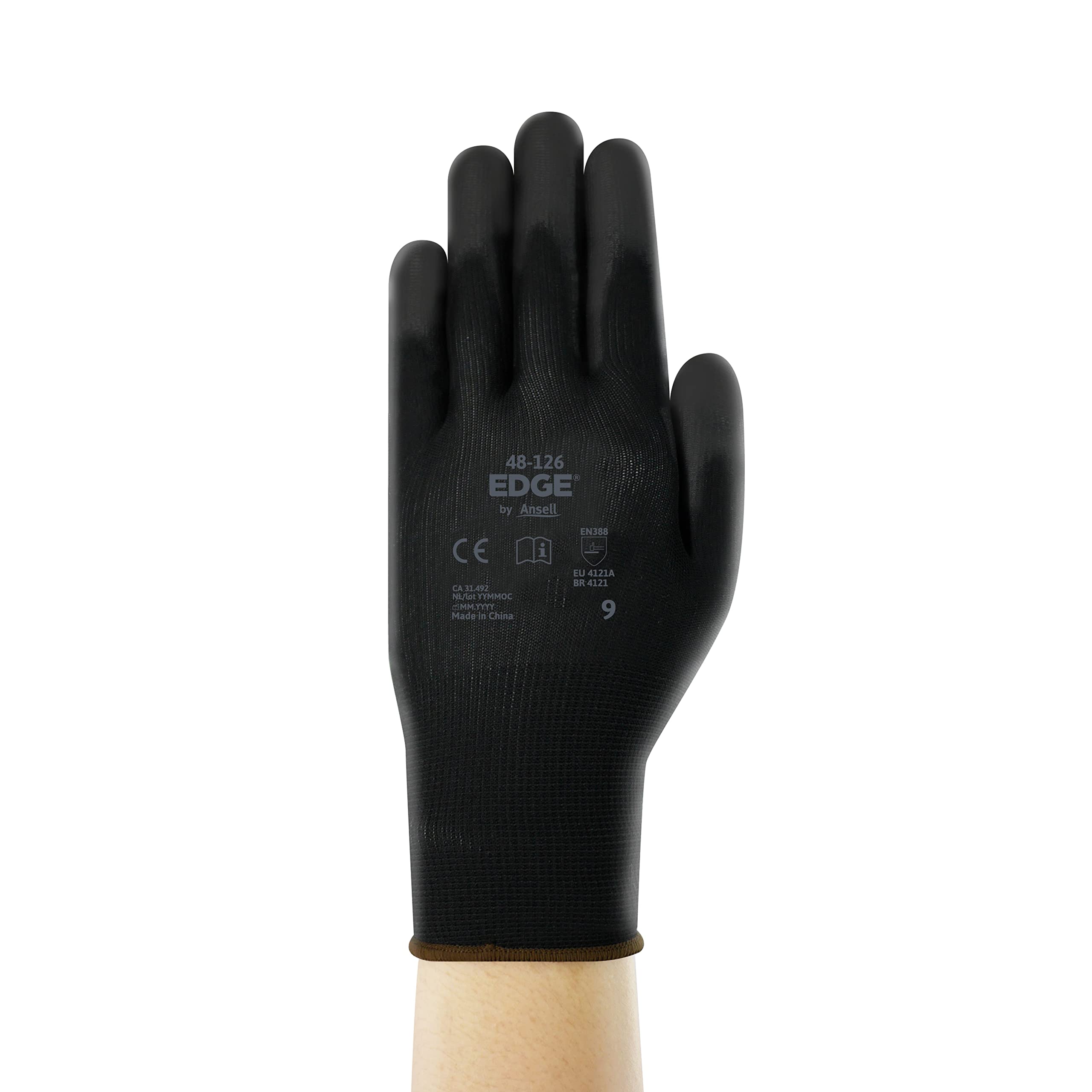 Ansell EDGE 48-126 Abrasion-Resistant Polyester Nitrile Industrial Gloves w/Knitted Liner for Auto, Machinery - Medium (8), Black (144 Pairs)