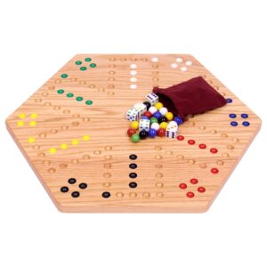 AmishToyBox.com Wahoo Marble Game Board Set - 16" Wide - Solid Oak Wood - Double-Sided - with 16mm Marbles and Dice Included