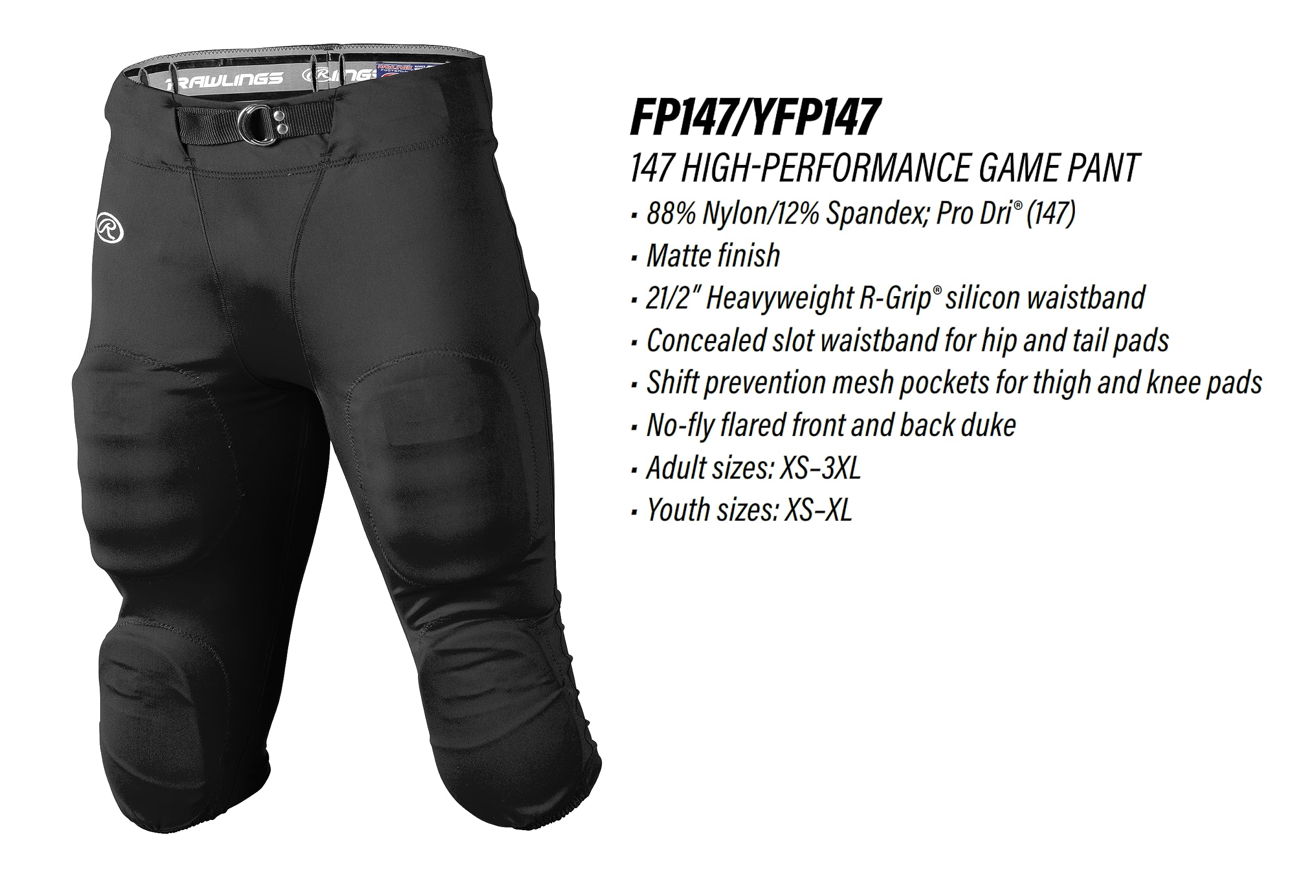 Rawlings FP147 High Performance Football Pants | Practice/Game Use | Youth Sizes | Multiple Colors, White, Medium