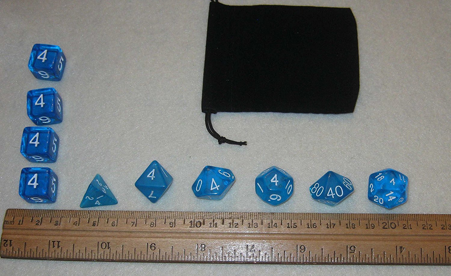 Translucent Blue RPG D&D Dice Set: 7 + 3d6 = 10 polyhedral die plus bag!