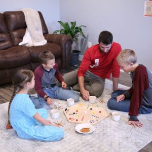 AmishToyBox.com Wahoo Marble Game Board Set - 16" Wide - Solid Oak Wood - Double-Sided - with 16mm Marbles and Dice Included