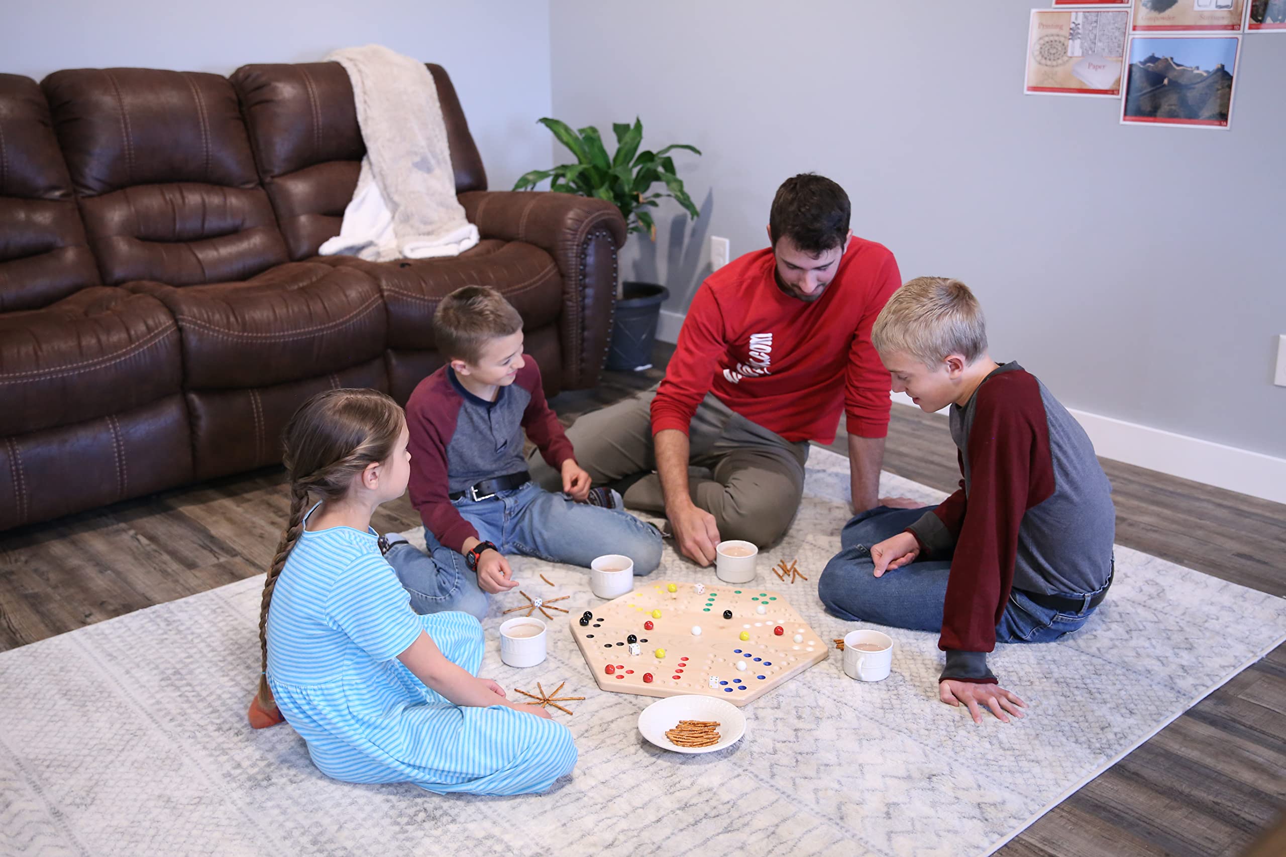 AmishToyBox.com Wahoo Marble Game Board Set - 16" Wide - Solid Oak Wood - Double-Sided - with 16mm Marbles and Dice Included