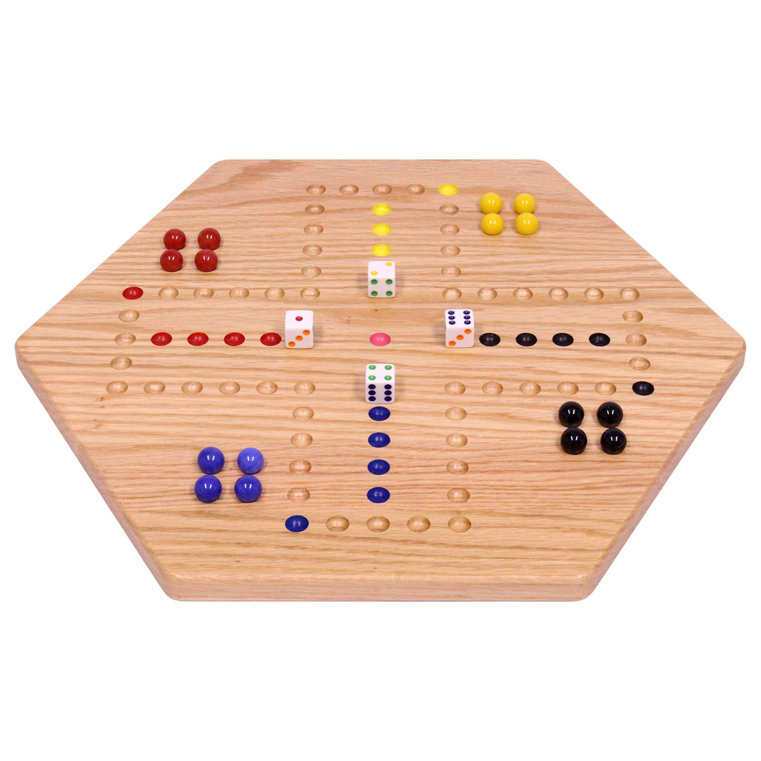 AmishToyBox.com Wahoo Marble Game Board Set - 16" Wide - Solid Oak Wood - Double-Sided - with 16mm Marbles and Dice Included