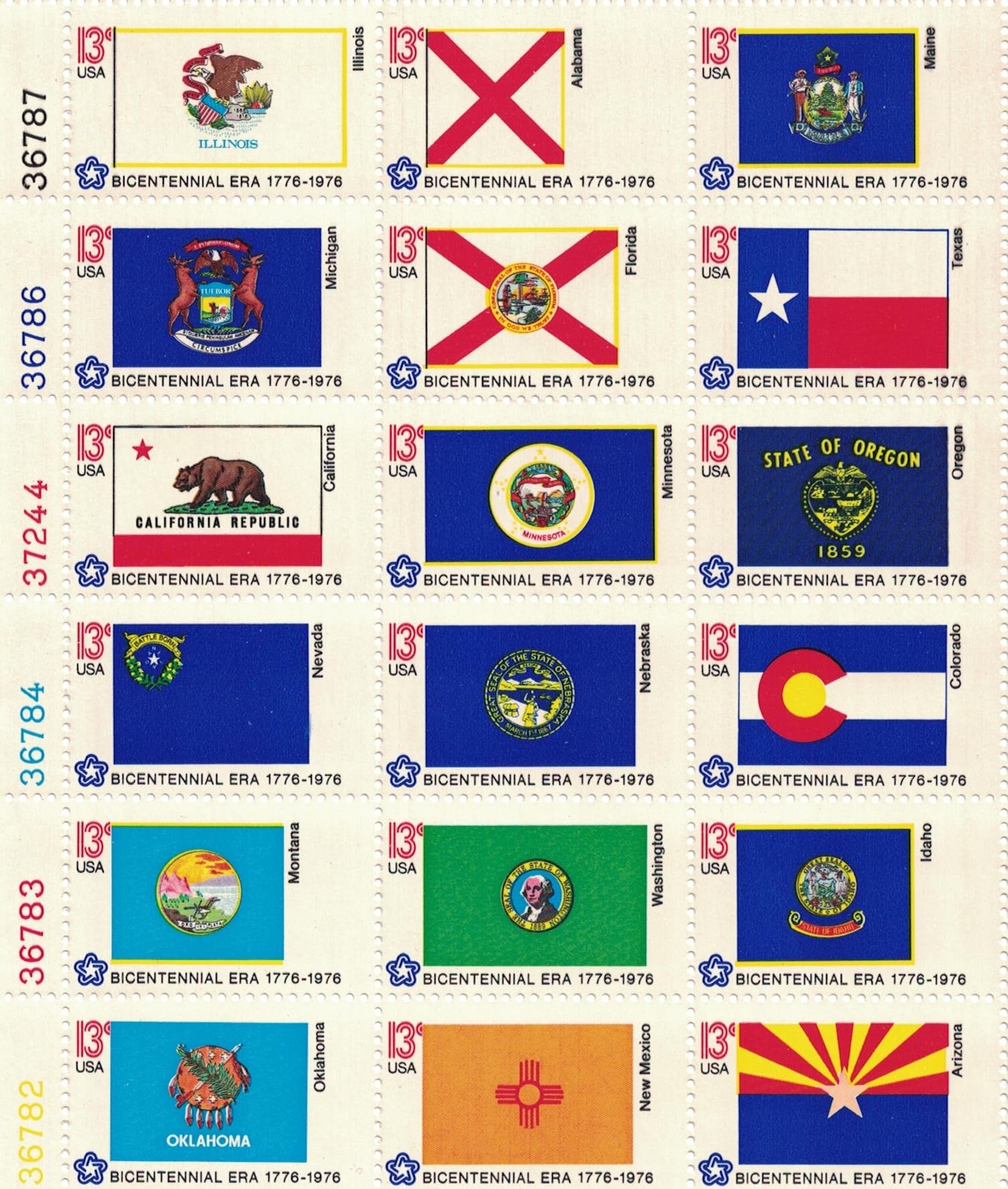 USPS 1976 State Flags - Full Sheet of 50 x 13 Cent Stamps - Scott 1633-82