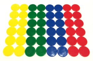 plastic counters (48): blue, red, yellow, and green color gaming tokens (hard colored plastic coins, markers and discs for bingo chips, tiddly winks, and other board game playing pieces)